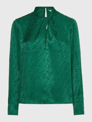 Twist Neck Monogram Regular Fit Blouse Green Tommy Hilfiger