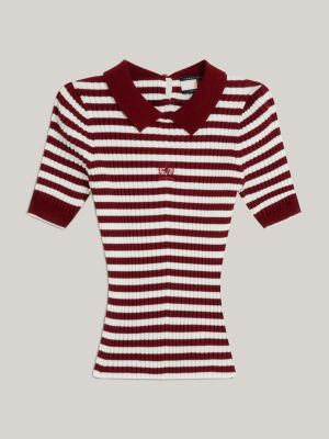 Crest Stripe Rib Knit Slim Polo Red Tommy Hilfiger