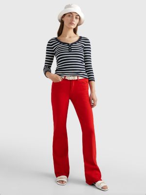 Ribgebreide Slim Fit Top Met Henley Hals Wit Tommy Hilfiger
