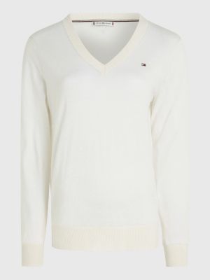 Pullover Mit Flag Und V Ausschnitt Beige Tommy Hilfiger