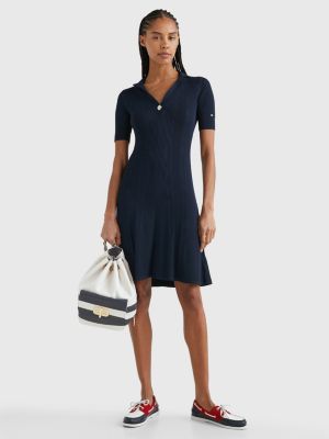 Slim Fit Rippstrick Kleid Mit Midi Länge Blau Tommy Hilfiger