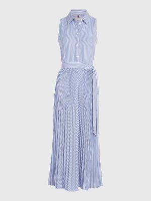 Vestido Camisero Largo Plisado De Rayas Azul Tommy Hilfiger