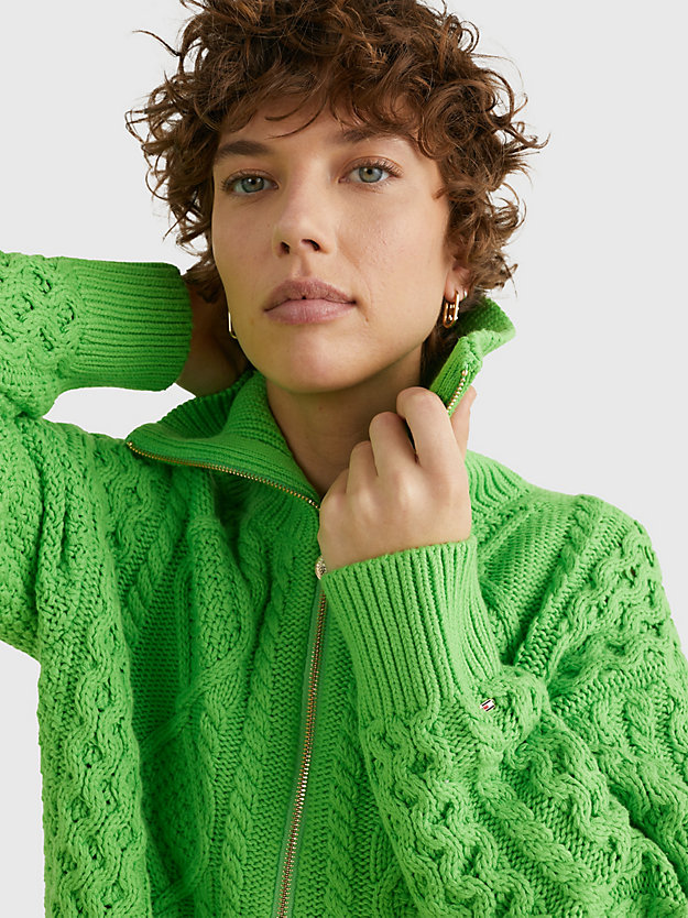 Cable Knit Zip-Thru Relaxed Cardigan | GREEN | Tommy Hilfiger Cable Knit Zip-Thru Relaxed Cardigan | GREEN | Tommy Hilfiger