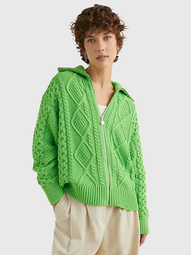 Cable Knit Zip-Thru Relaxed Cardigan | GREEN | Tommy Hilfiger Cable Knit Zip-Thru Relaxed Cardigan | GREEN | Tommy Hilfiger