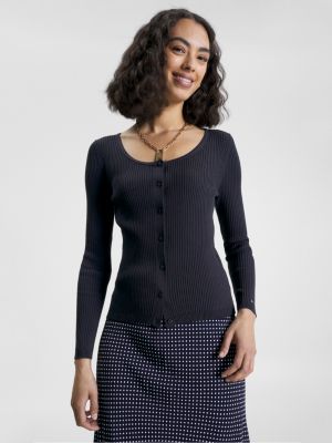 Scoop Neck Rib-Knit Slim Fit Cardigan | Blue | Tommy Hilfiger