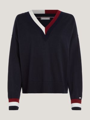 Pull Global Stripe à Col En V Bleu Tommy Hilfiger