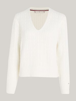 Zopfmuster Pullover Mit V Ausschnitt Weiß Tommy Hilfiger