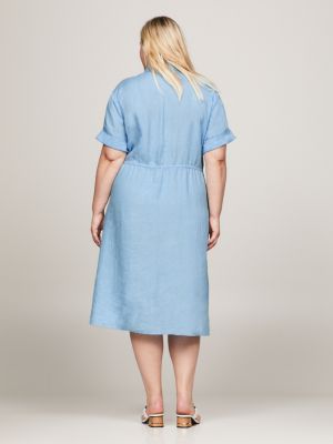 Robe Curve En Lin Longueur Midi Bleu Tommy Hilfiger