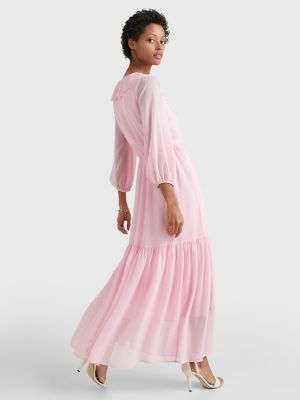 Maxi Abito A Campana Con Volant Rosa Tommy Hilfiger
