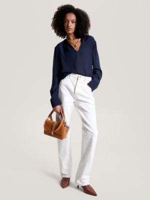 Relaxed Fit Krepp Bluse Mit V Ausschnitt Blau Tommy Hilfiger