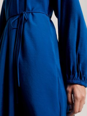 Strukturiertes Knielanges Fit And Flare Langarm Kleid Blau Tommy