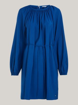 Strukturiertes Knielanges Fit And Flare Langarm Kleid Blau Tommy