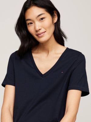 T Shirt Met V Hals En Geborduurde Vlag Blauw Tommy Hilfiger