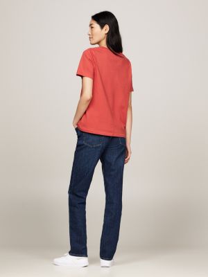 T Shirt mit V Ausschnitt und gestickter Flag Rot Tommy Hilfiger