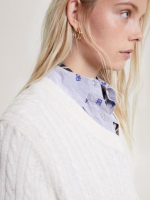 Wollpullover Mit Zopfmuster Und V Ausschnitt Beige Tommy Hilfiger
