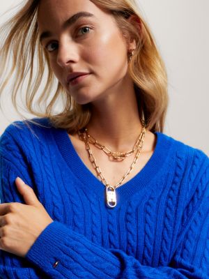 Wollpullover Mit Zopfmuster Und V Ausschnitt Blau Tommy Hilfiger