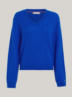 Wollpullover Mit Zopfmuster Und V Ausschnitt Blau Tommy Hilfiger