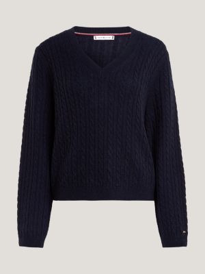 Wollpullover Mit Zopfmuster Und V Ausschnitt Blau Tommy Hilfiger