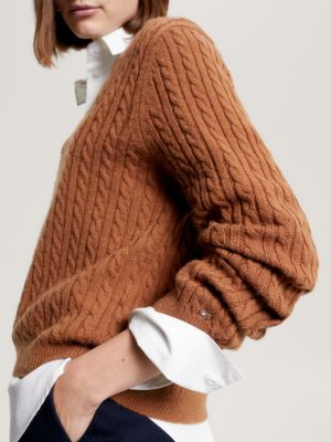 Wollpullover Mit Zopfmuster Und V Ausschnitt Braun Tommy Hilfiger