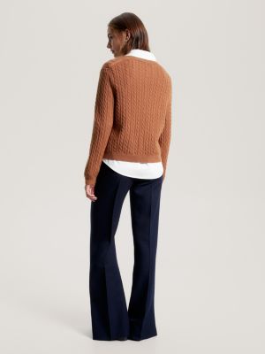 Wollpullover Mit Zopfmuster Und V Ausschnitt Braun Tommy Hilfiger
