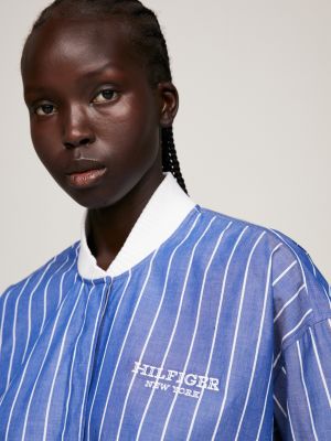 Baseball Stripe Rib-Knit Collar Cropped Shirt | Blue | Tommy Hilfiger