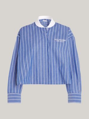 Baseball Stripe Rib-Knit Collar Cropped Shirt | Blue | Tommy Hilfiger