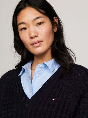 Kabelgebreide Relaxed Fit Trui Met V Hals Blauw Tommy Hilfiger