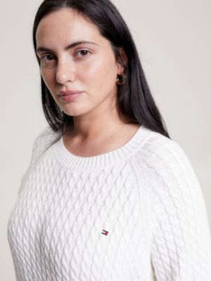 Curve Gestreifter Mini Zopfstrick Pullover Weiß Tommy Hilfiger