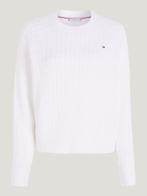 Curve Gestreifter Mini Zopfstrick Pullover Weiß Tommy Hilfiger