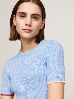 Melierter Kurzarm Rippstrickpullover Blau Tommy Hilfiger