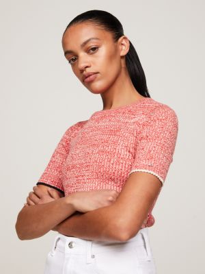 Melierter Kurzarm Rippstrickpullover Rot Tommy Hilfiger