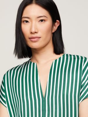 Fluid Stripe V Neck Short Sleeve Blouse Green Tommy Hilfiger