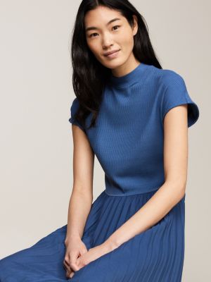 Mock Turtleneck Pleated Midi Dress Blue Tommy Hilfiger