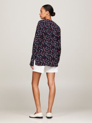 Ribbon Print Collarless Regular Shirt Blue Tommy Hilfiger