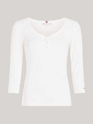 Essential Slim Three Quarter Sleeve Henley Top White Tommy Hilfiger